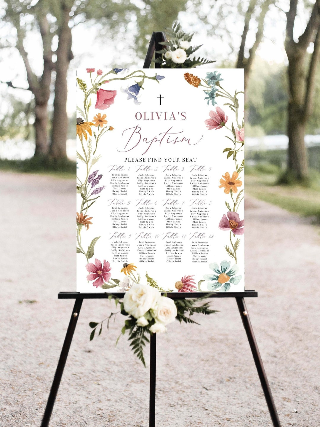 Wildflower Baptism Seating Chart, Christening Seating Chart Poster ...