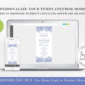 Blue Floral Wedding Program Template Editable Dusty Blue Wedding ...