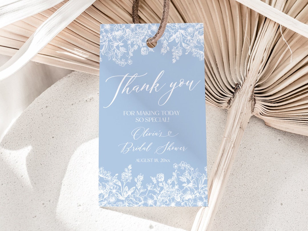 Dusty Blue Bridal Shower Favor Tags, Vintage Botanical Thank You Tags ...