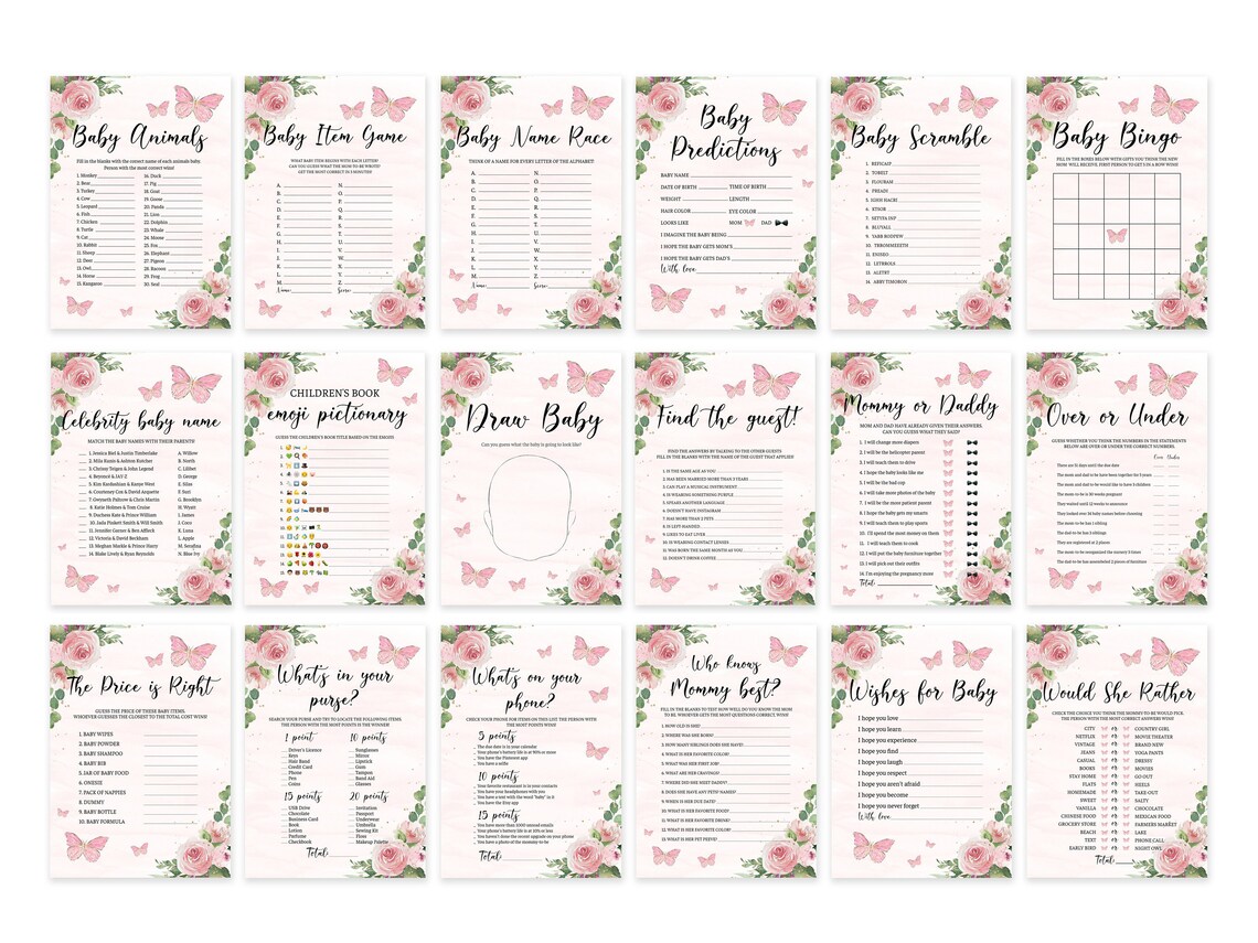 Butterfly Baby Shower Games Bundle, Whimsical Butterflies Blush Pink ...