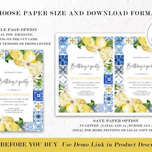 Mediterranean Blue Tile Lemons Birthday Party Invitation, Editable ...