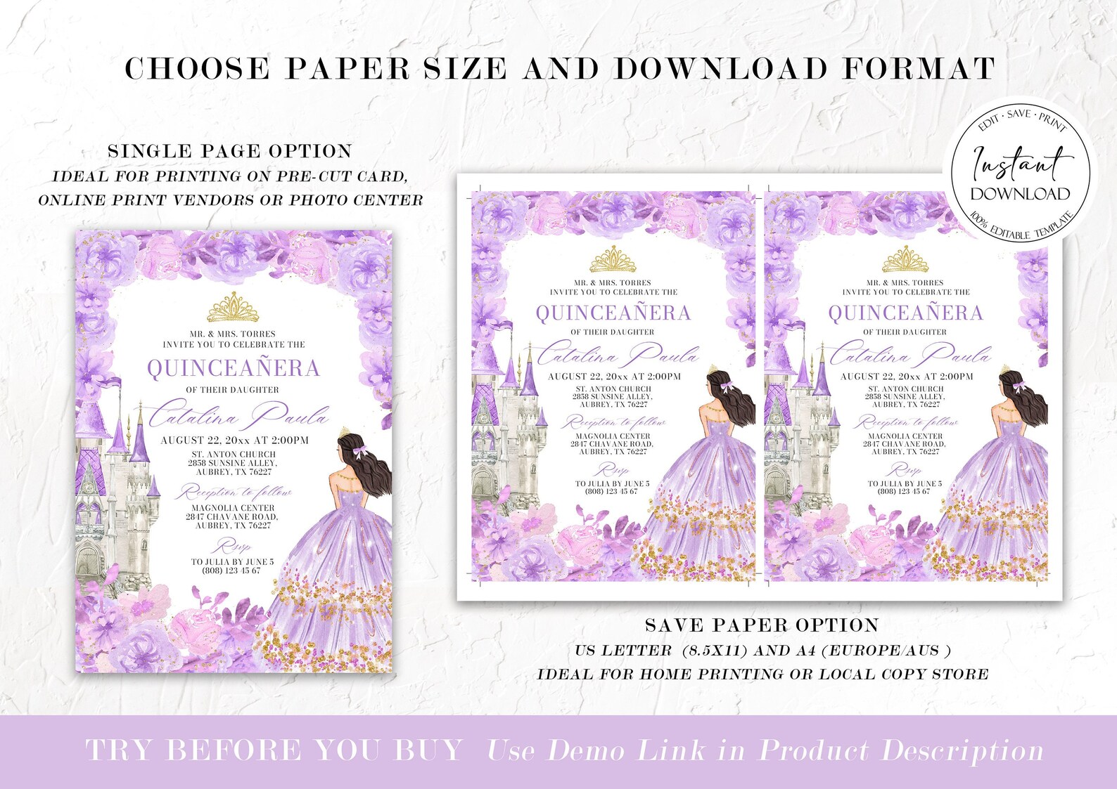 Purple Floral Quinceanera Invitations, Princess Quinceanera Invite, Mis ...