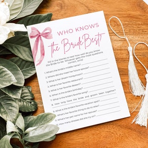 Pink Bow Who Knows the Bride Best Bridal Shower Game, She's Tying the ...
