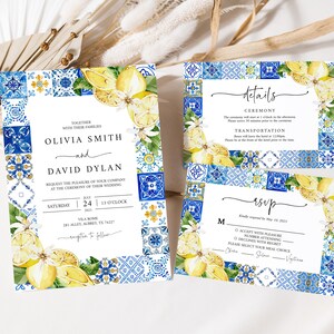 Positano Blue Tiles Lemon Wedding Invitation Set, Mediterranean Wedding ...
