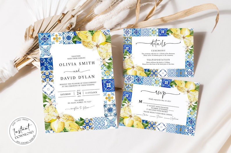Positano Blue Tiles Lemon Wedding Invitation Set - Etsy
