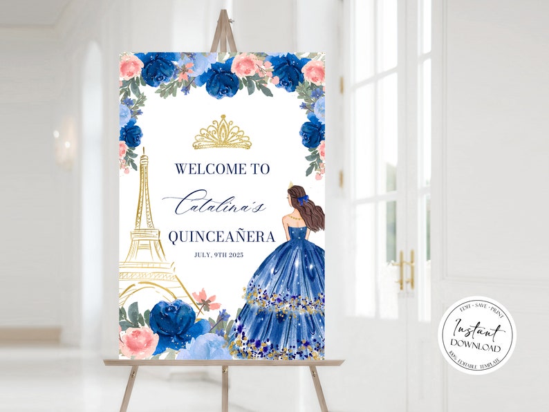 Royal Blue Pink Floral Quinceanera Welcome Sign Paris Eiffel - Etsy