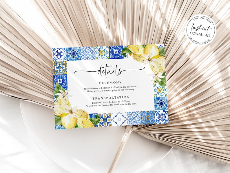 Positano Blue Tiles Lemon Wedding Invitation Set, Mediterranean Wedding ...