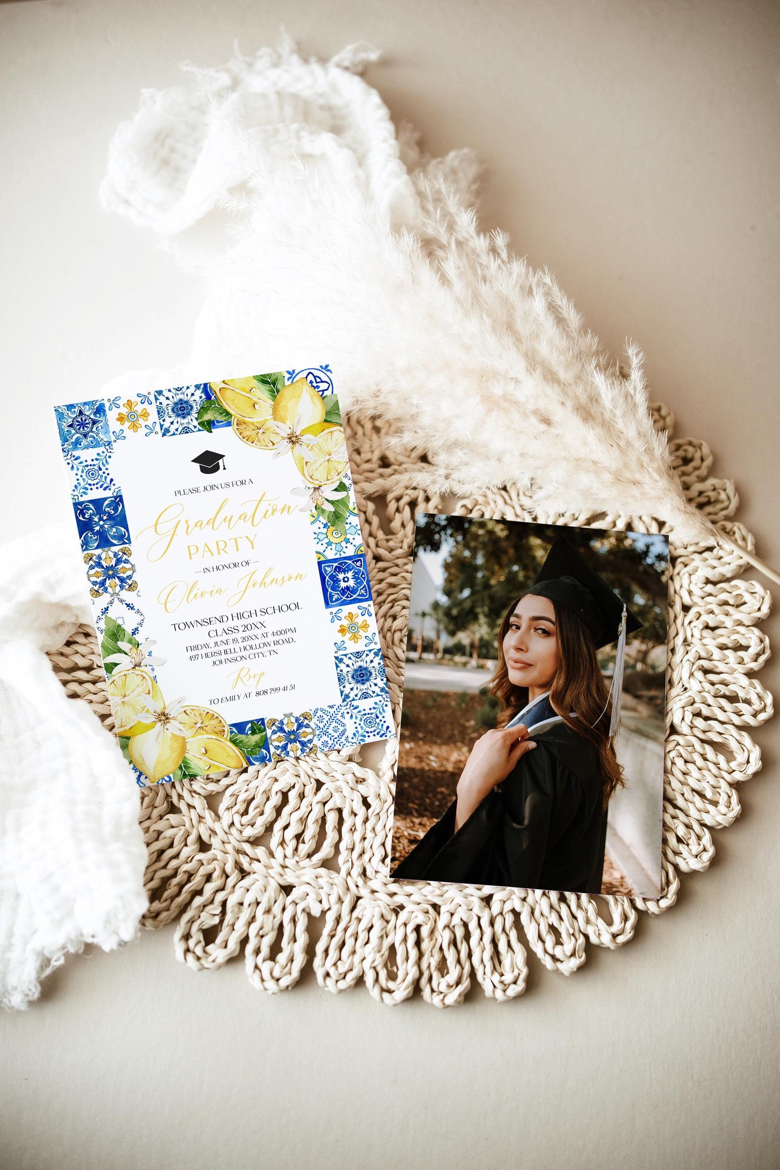 Editable Photo Italian Blue Tile Lemons Graduation Invitation, Italian ...