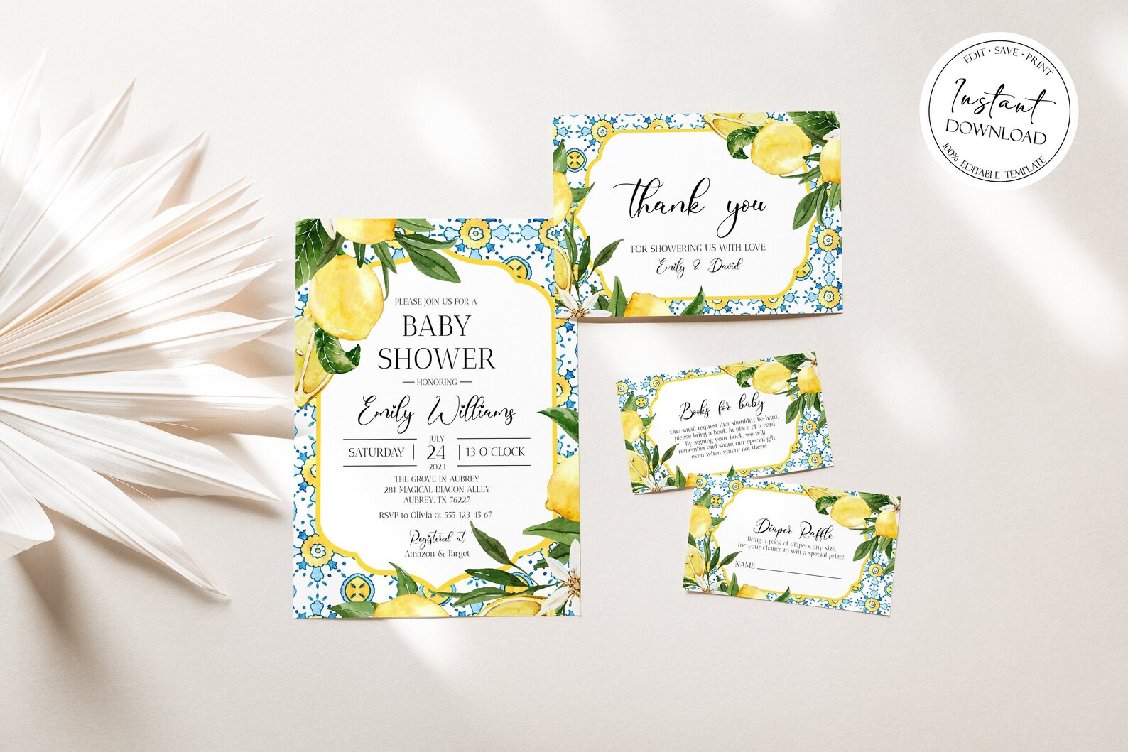 Positano Blue Tile Lemons Baby Shower Invitation Bundle - Etsy