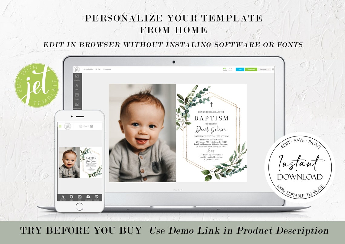 Baptism Invitation Template, Editable Gold Greenery Eucalyptus Baptism ...