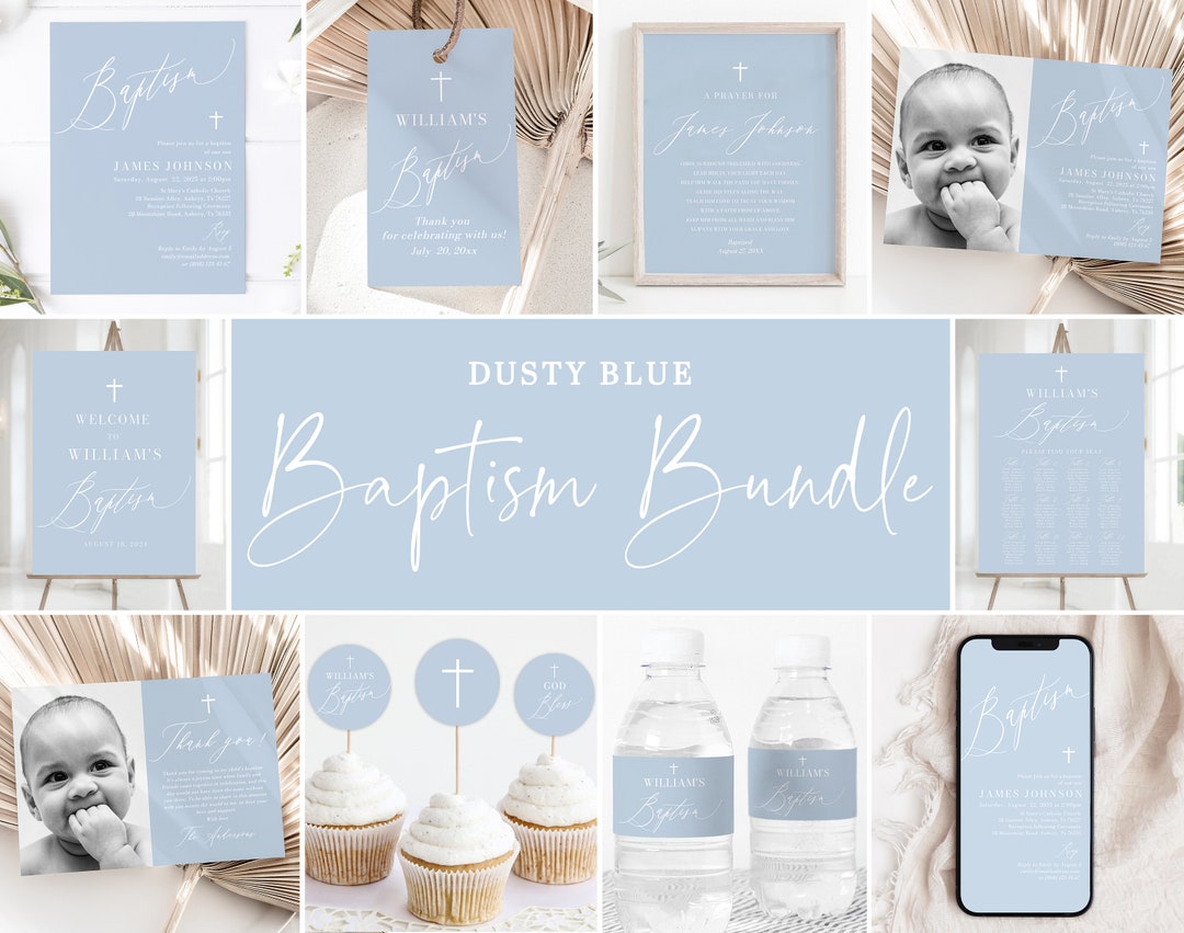 Dusty Blue Baptism Invitation Bundle, Editable Boy Christening ...