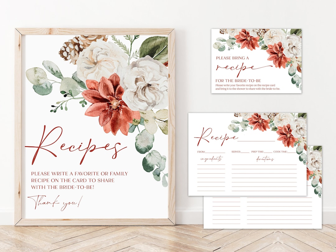 Red Winter Recipe Card Template, Editable Red Floral Greenery Christmas ...