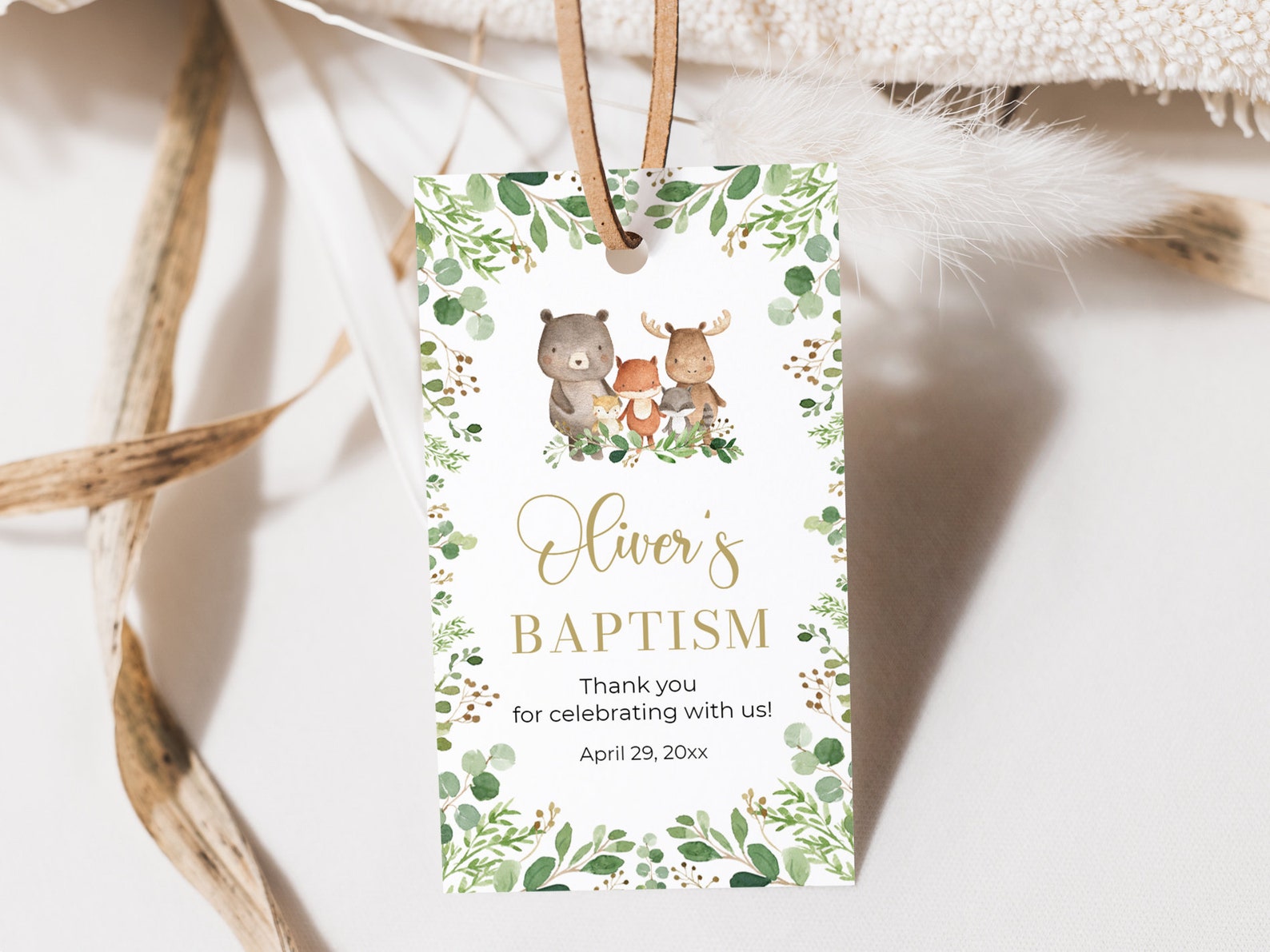 Greenery Baptism Favor Tag Template Editable Woodland Baptism Thank You ...