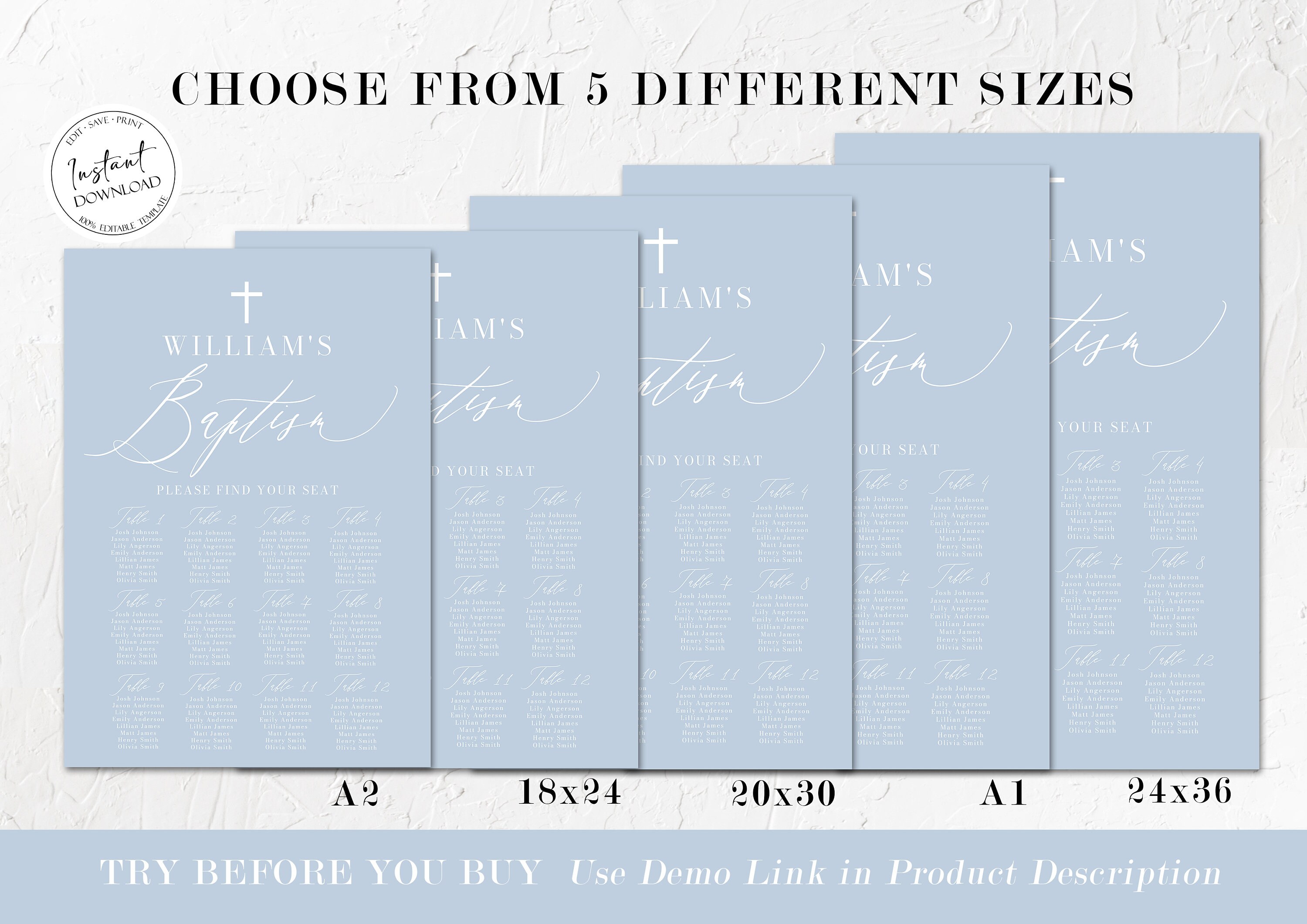 Dusty Blue Baptism Seating Chart Template Editable White - Etsy