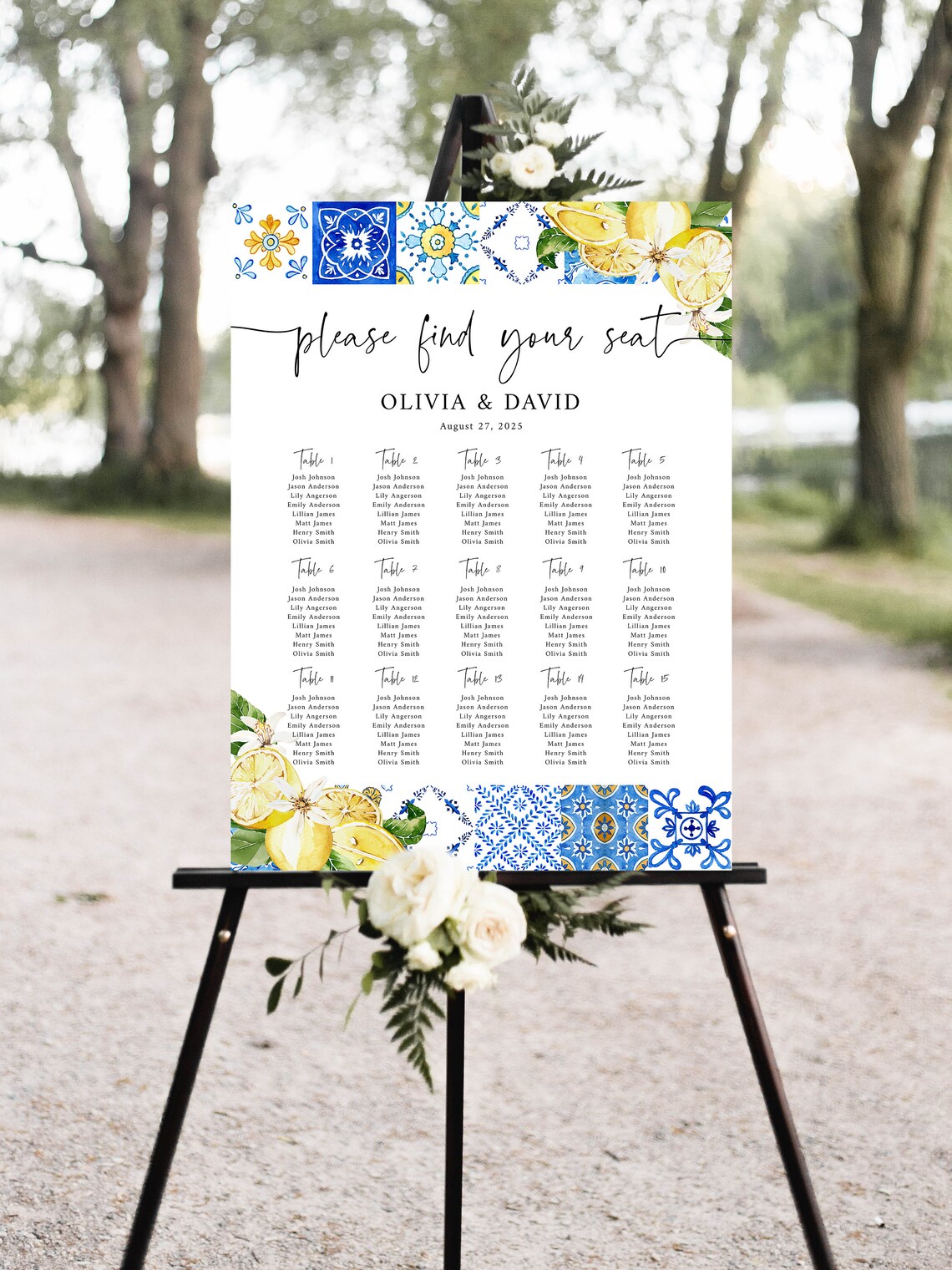 Blue Tiles Lemon Seating Chart, Printable Mediterranean Wedding Seating ...