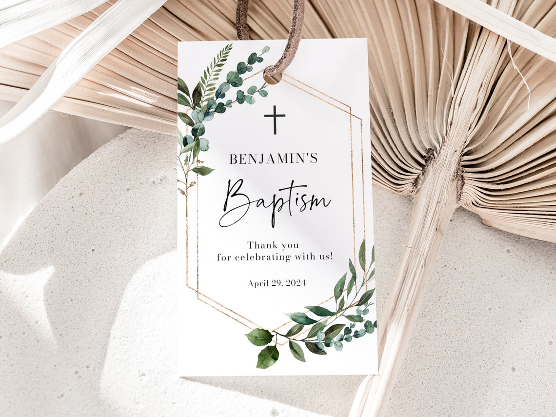 Greenery Baptism Favor Tag Template Editable Lush Greenery - Etsy
