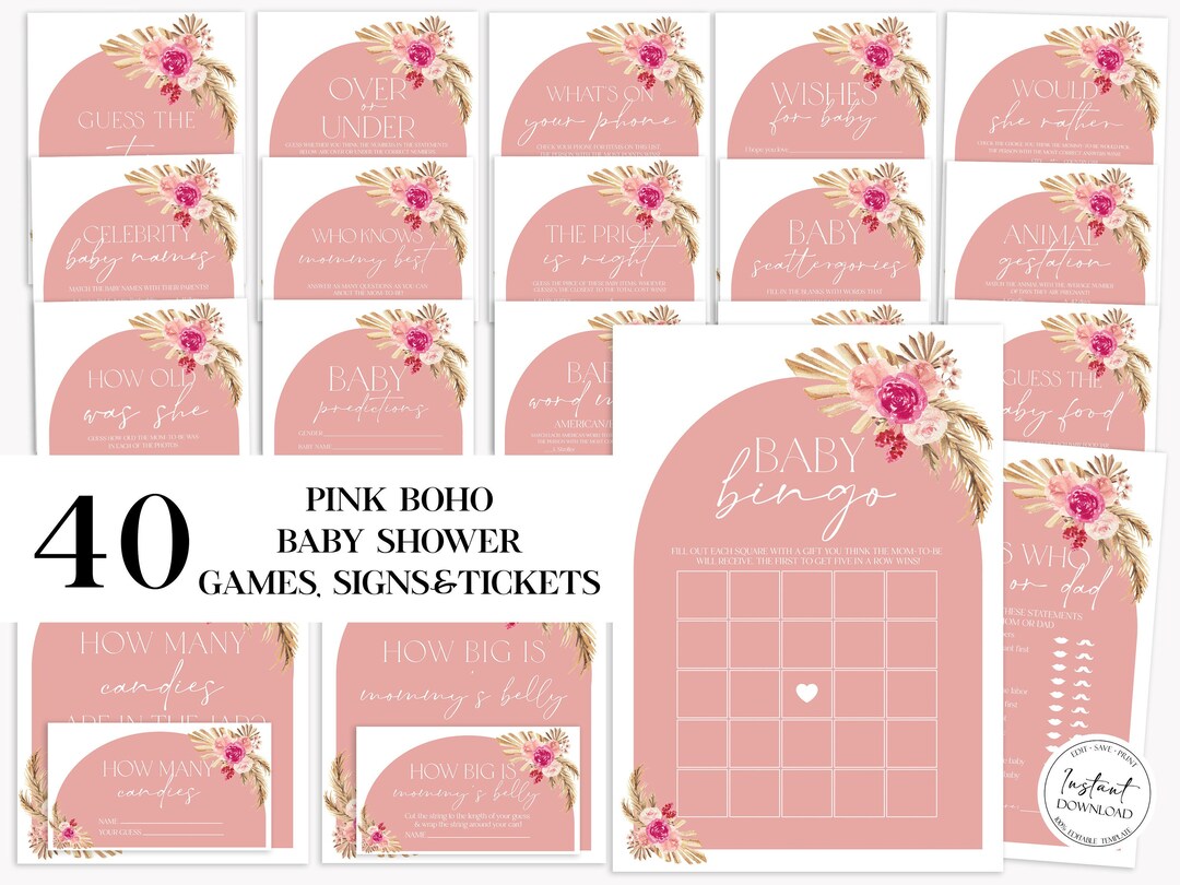 Arch Pink Boho Baby Shower Games, Boho Pampas Grass Baby Shower Game ...
