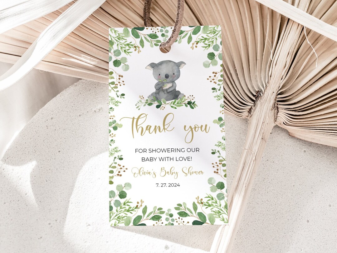 Koala Baby Shower Favor Tag Template, Greenery Gender Neutral Baby ...