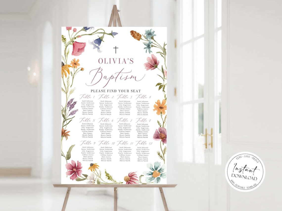 Wildflower Baptism Seating Chart, Christening Seating Chart Poster ...