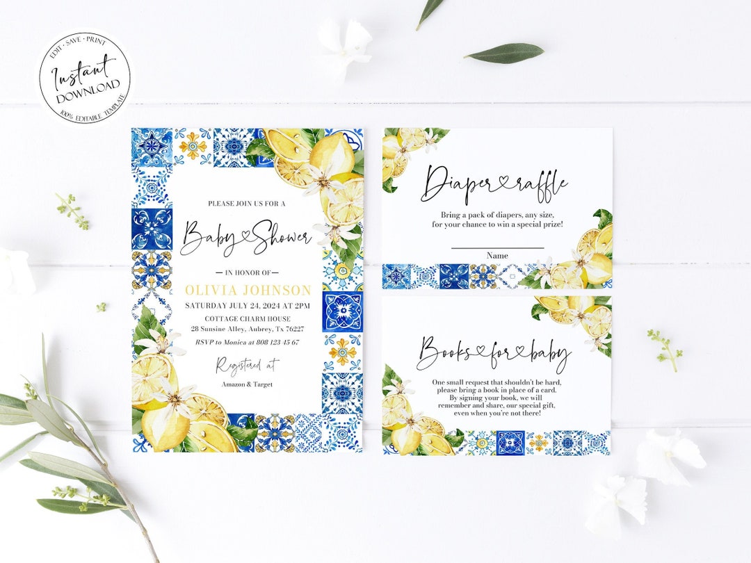 Positano Blue Tiles Lemon Baby Shower Invitation Bundle Template ...
