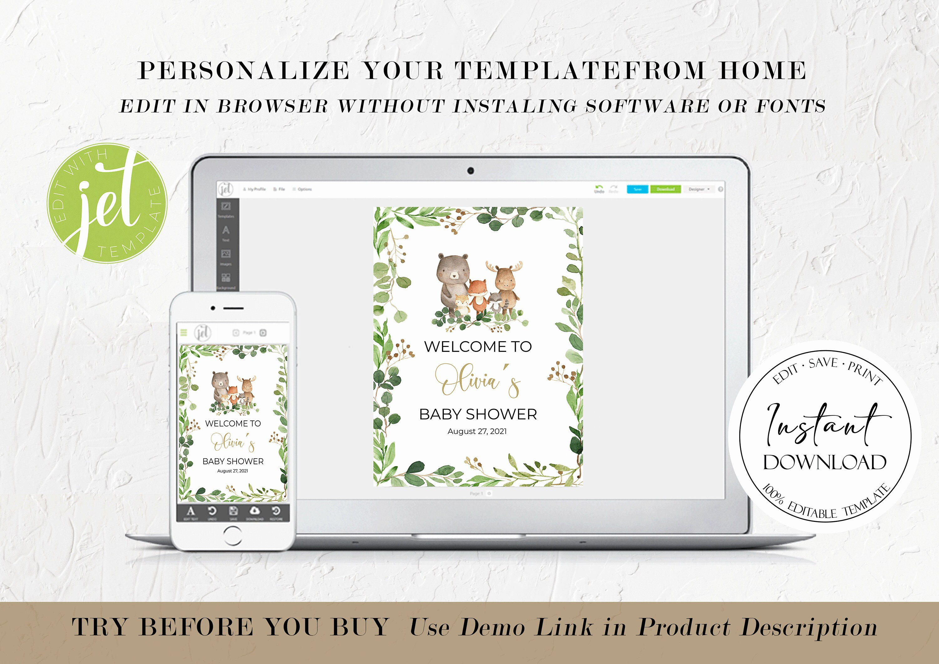 Editable Greenery Woodland Baby Shower Welcome Sign Template - Etsy