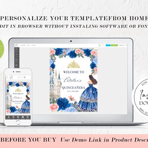 Royal Blue Pink Floral Quinceanera Welcome Sign, Princess Quince Sign ...