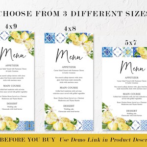 Blue Tiles Lemon Wedding Menu Template Editable Italian Reception Menu ...