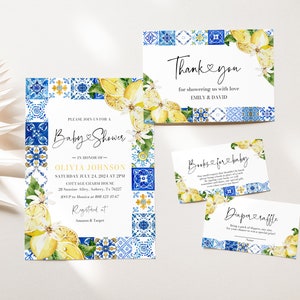 Positano Blue Tiles Lemon Baby Shower Invitation Bundle Template ...