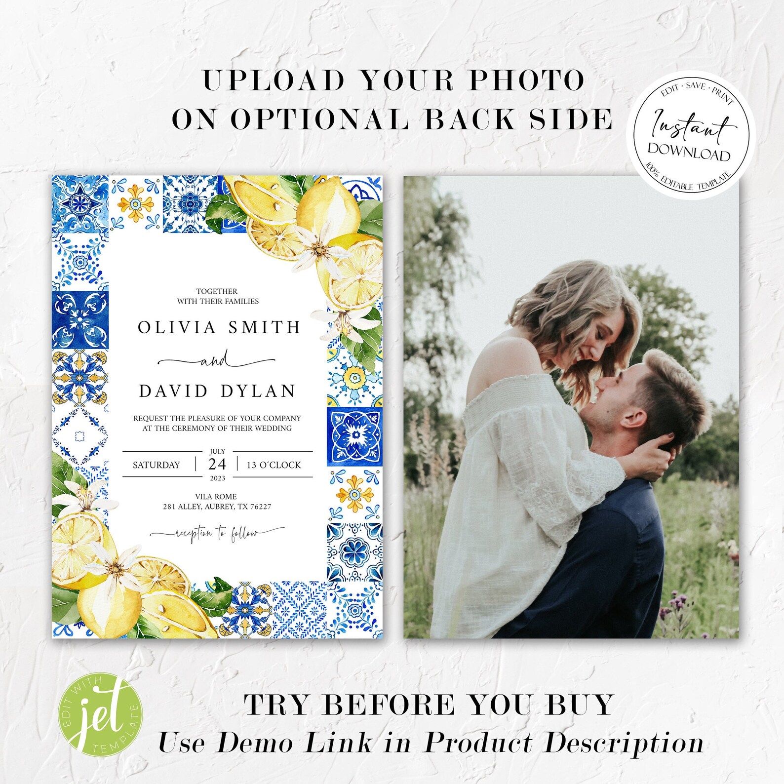 Positano Blue Tiles Lemon Wedding Invitation Set - Etsy