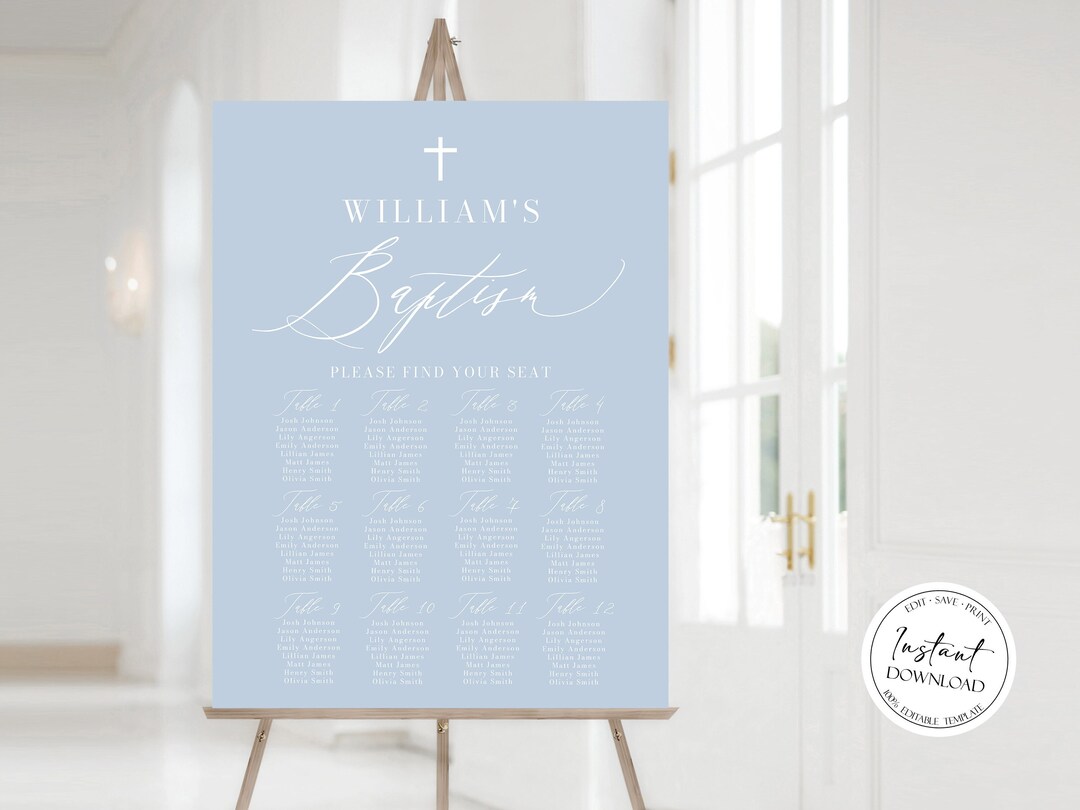 Dusty Blue Baptism Seating Chart Template, Editable White Cross Dusty ...