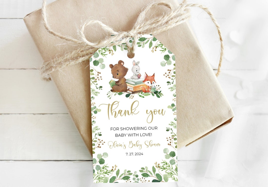 Book Theme Baby Shower Favor Tags, Greenery Animals Book Baby Shower ...