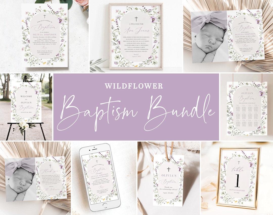 Wildflower Baptism Invitation Bundle, Editable Wildflower Christening Invitation Bundle, Purple ...