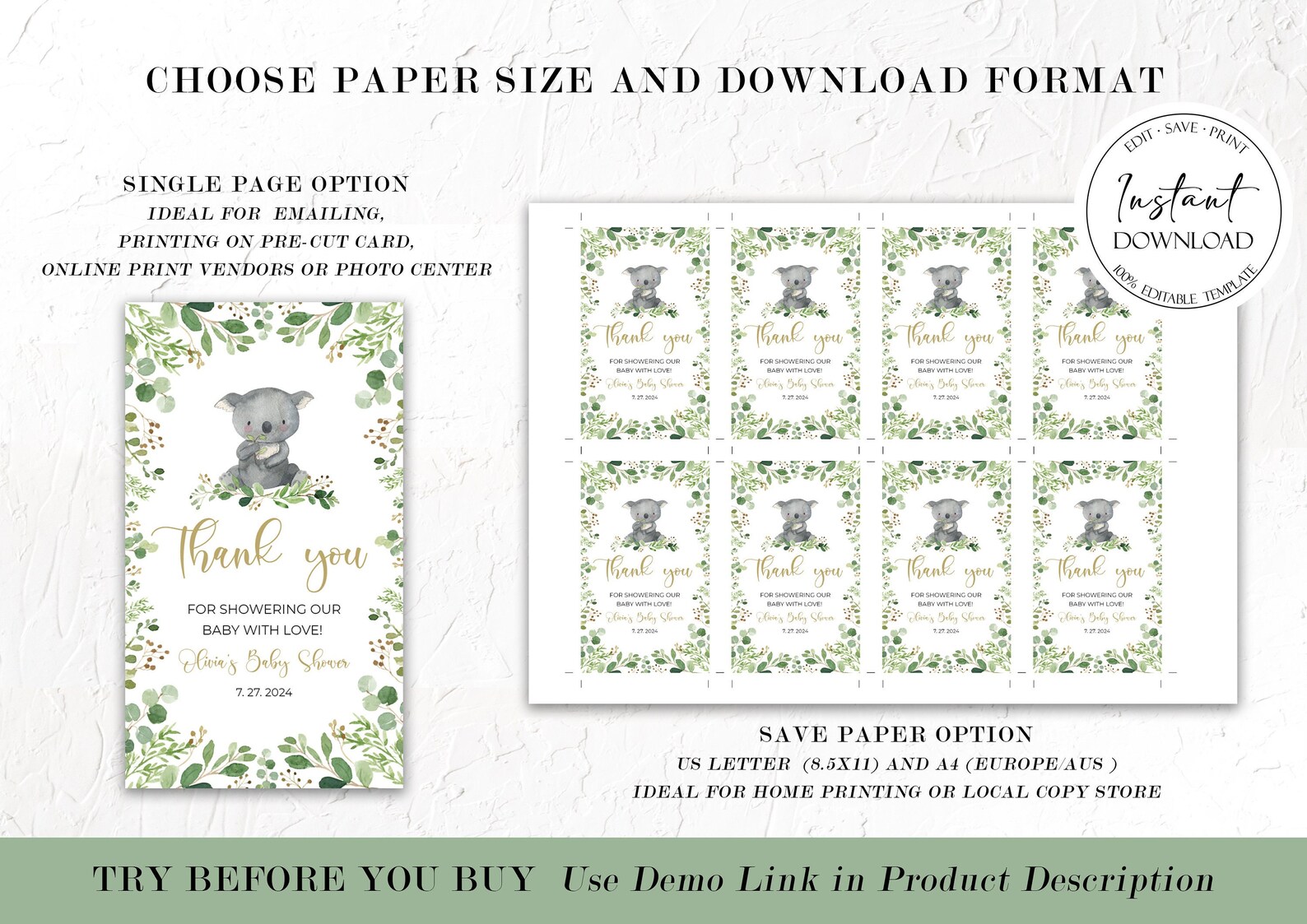 Koala Baby Shower Favor Tag Template, Greenery Gender Neutral Baby ...