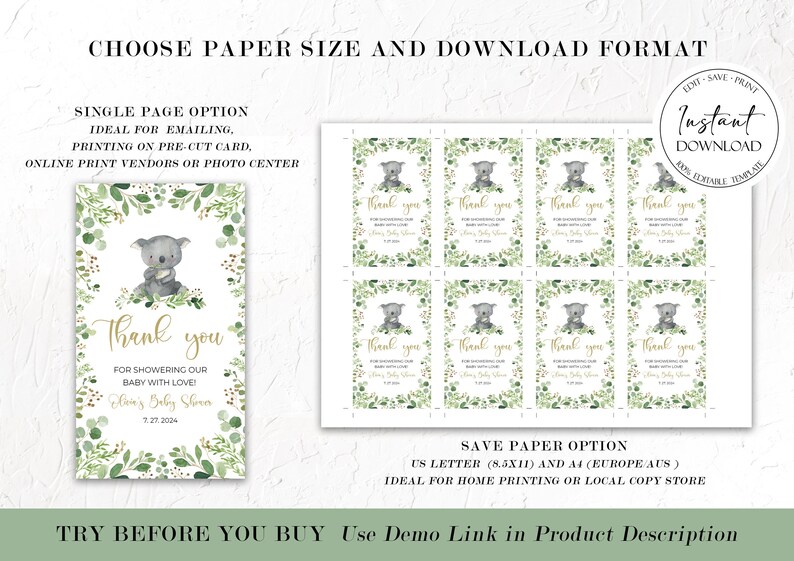 Koala Baby Shower Favor Tag Template, Greenery Gender Neutral Baby ...