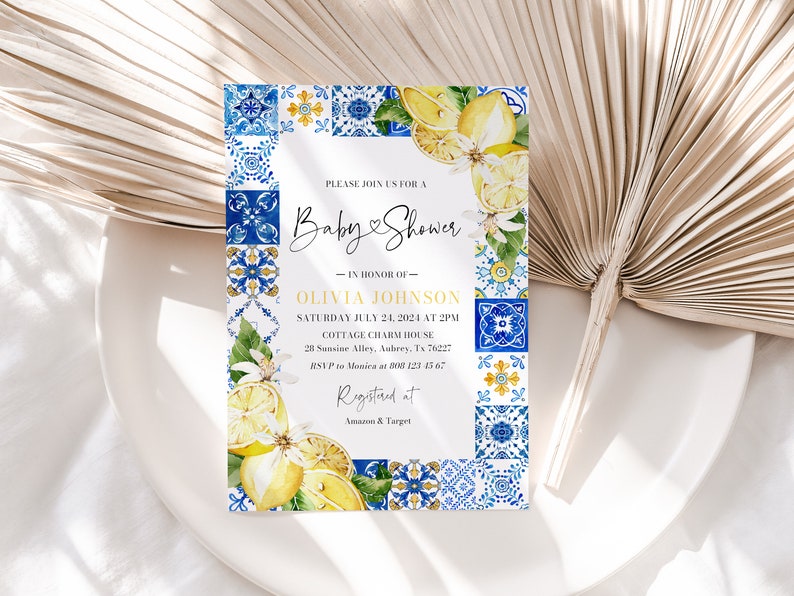 Positano Blue Tiles Lemon Baby Shower Invitation Template - Etsy