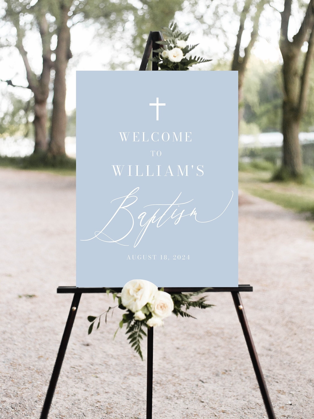 Dusty Blue Baptism Welcome Sign, White Cross Dusty Blue Christening ...