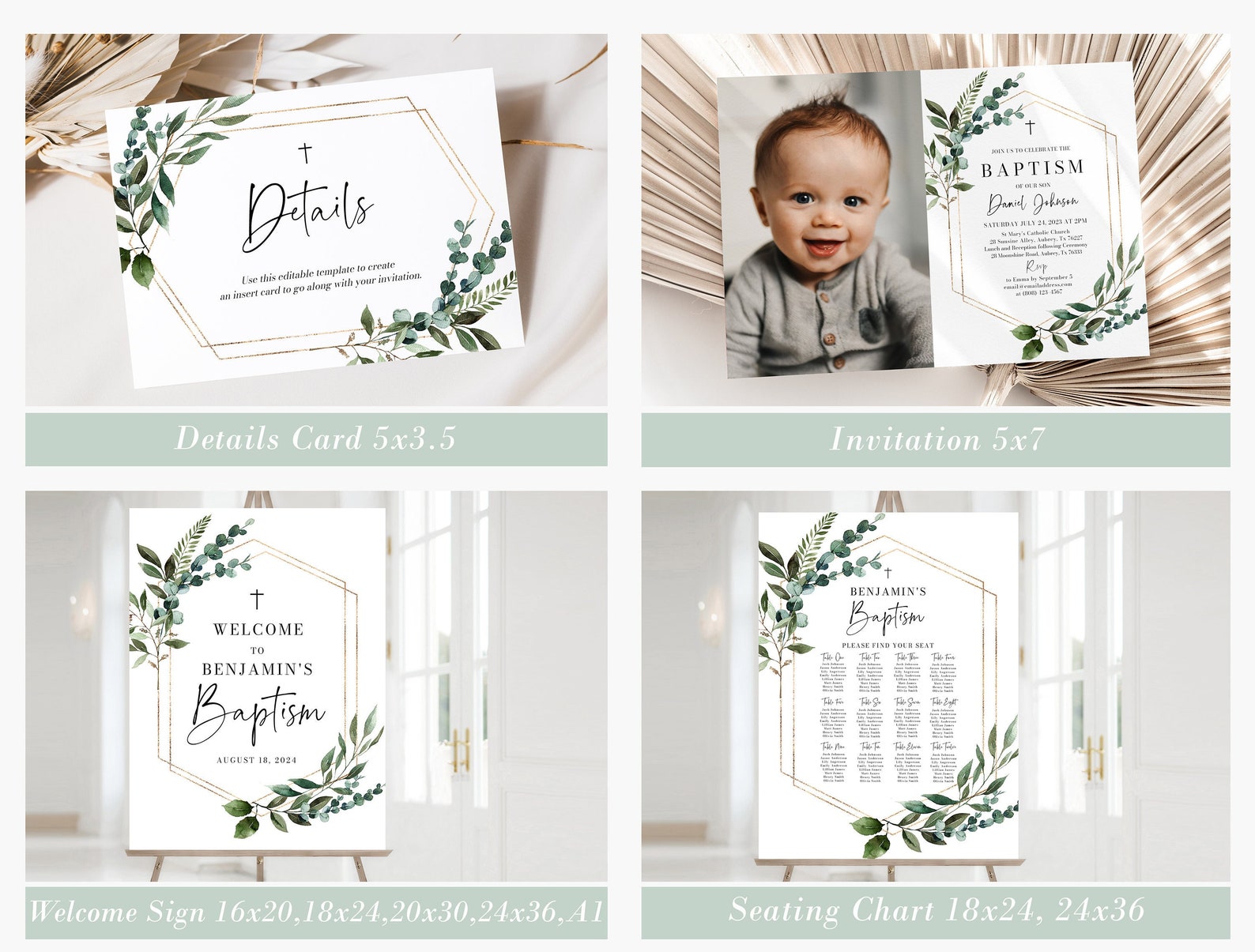 Greenery Gold Baptism Invitation Bundle Editable Boy - Etsy