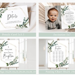 Greenery Gold Baptism Invitation Bundle, Editable Boy Christening ...