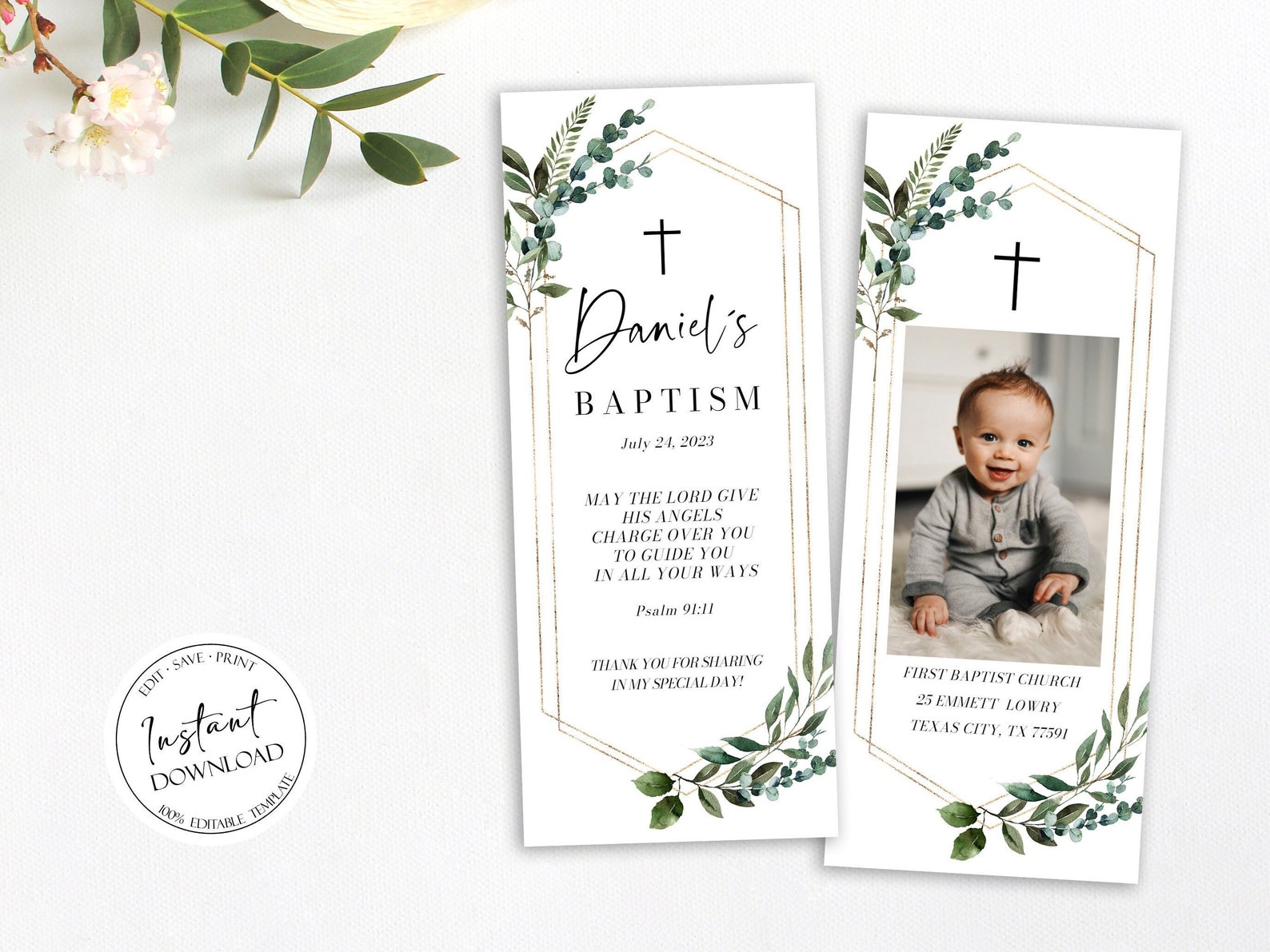 Greenery Baptism Bookmark Template Editable Baptism Bookmark - Etsy