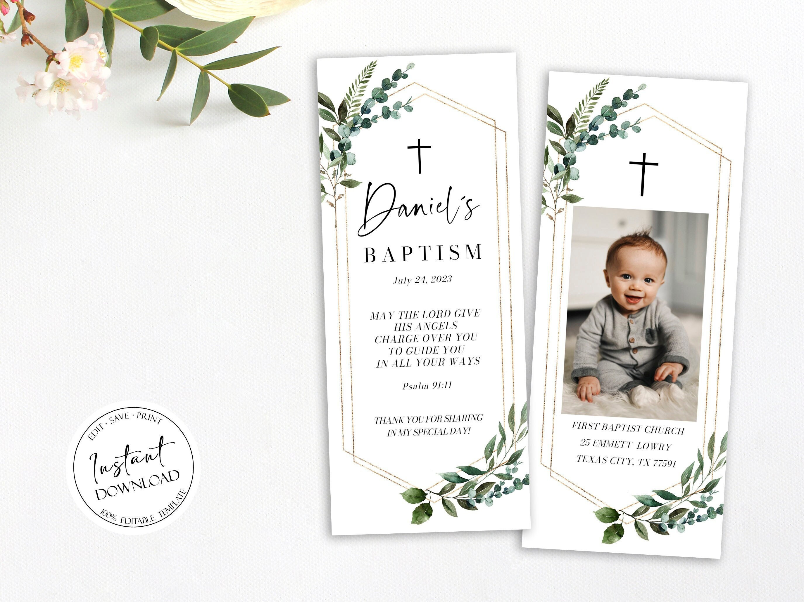 Greenery Baptism Bookmark Template Editable Baptism Bookmark - Etsy
