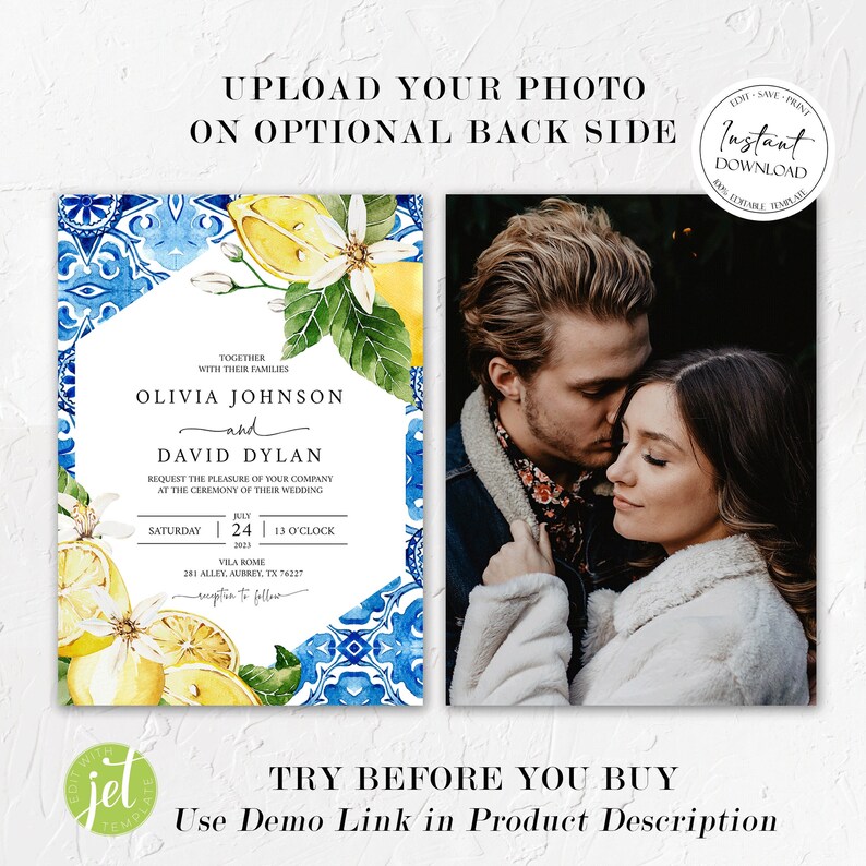 Positano Blue Tile Lemons Wedding Invitation Set - Etsy