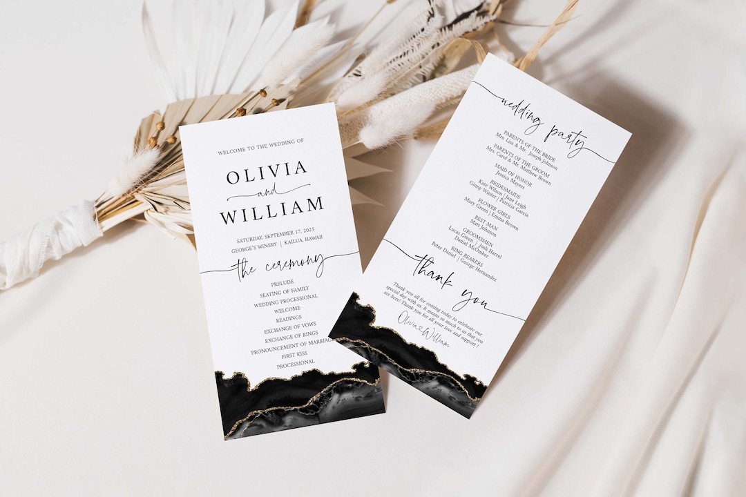 Black Gold Agate Wedding Program Template, Black Gold Geode Wedding Ceremony Program, Printable ...