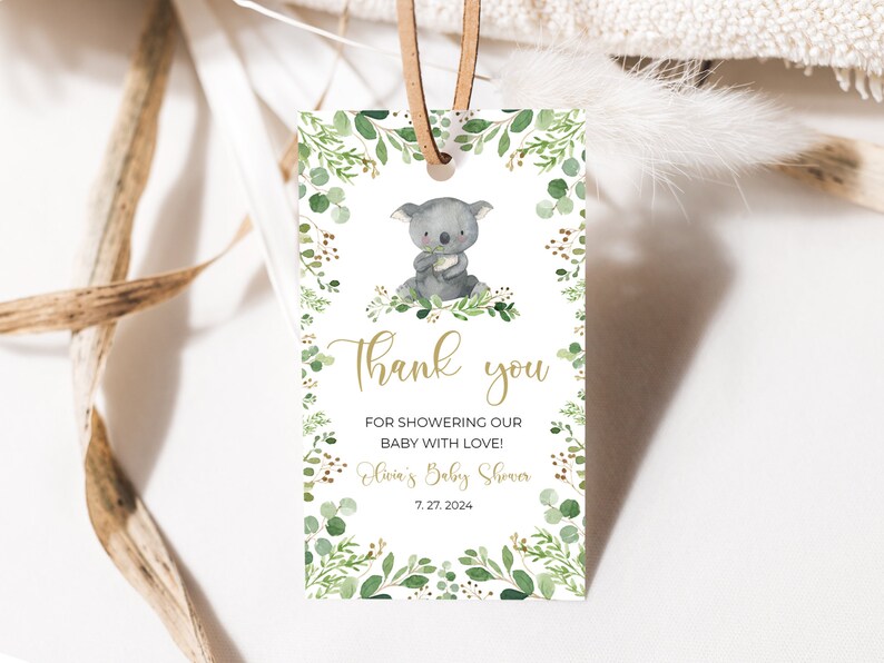 Koala Baby Shower Favor Tag Template, Greenery Gender Neutral Baby ...