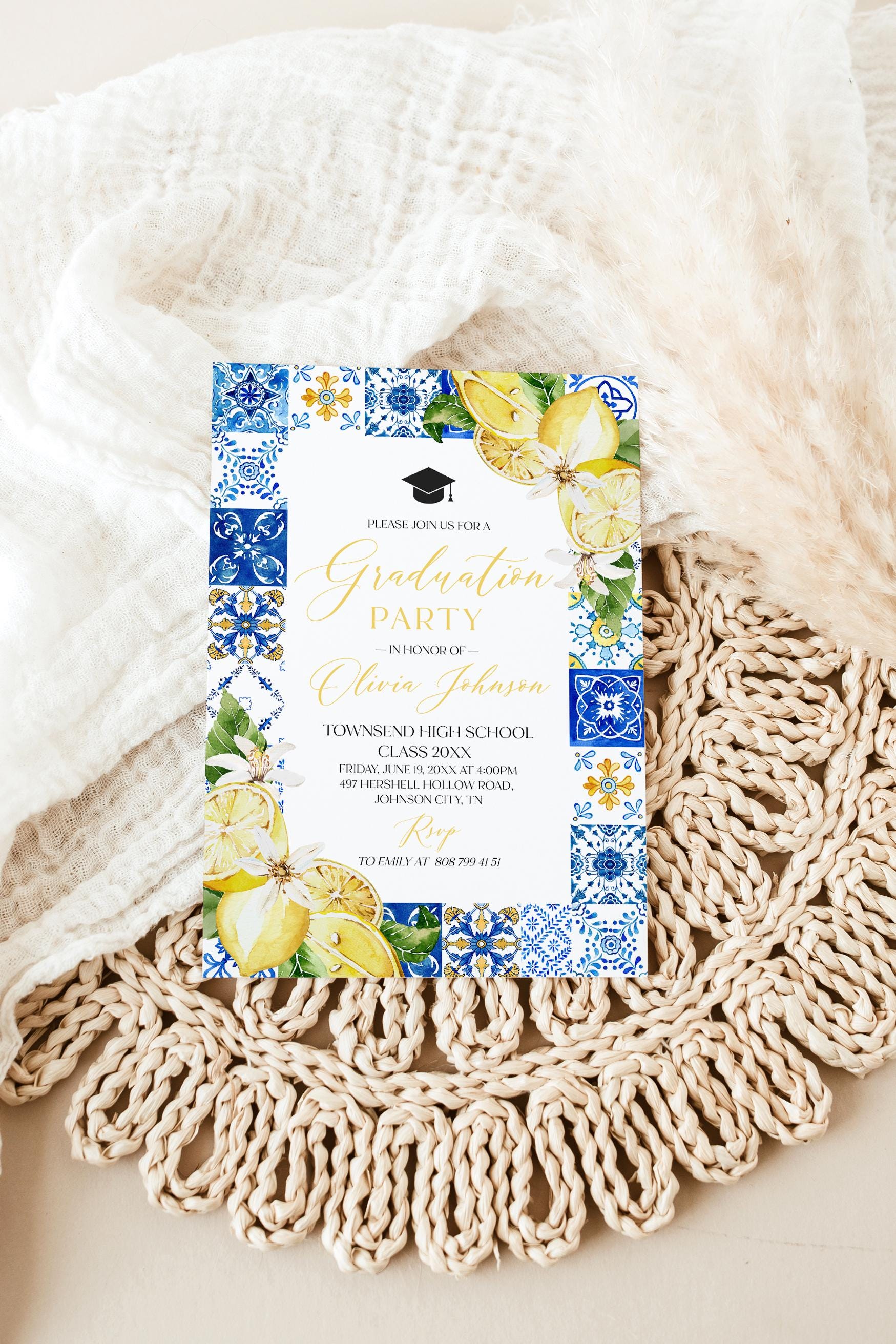 Editable Photo Italian Blue Tile Lemons Graduation Invitation, Italian ...