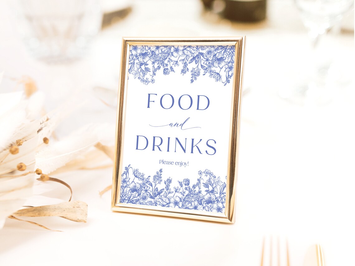 Blue Floral Food and Drinks Sign Template, Vintage Botanical Wedding ...