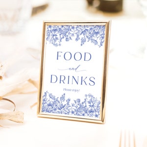 Blue Floral Food and Drinks Sign Template, Vintage Botanical Wedding ...