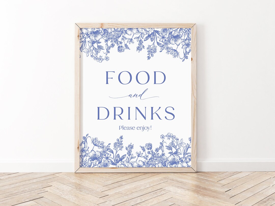Blue Floral Food and Drinks Sign Template, Vintage Botanical Wedding ...