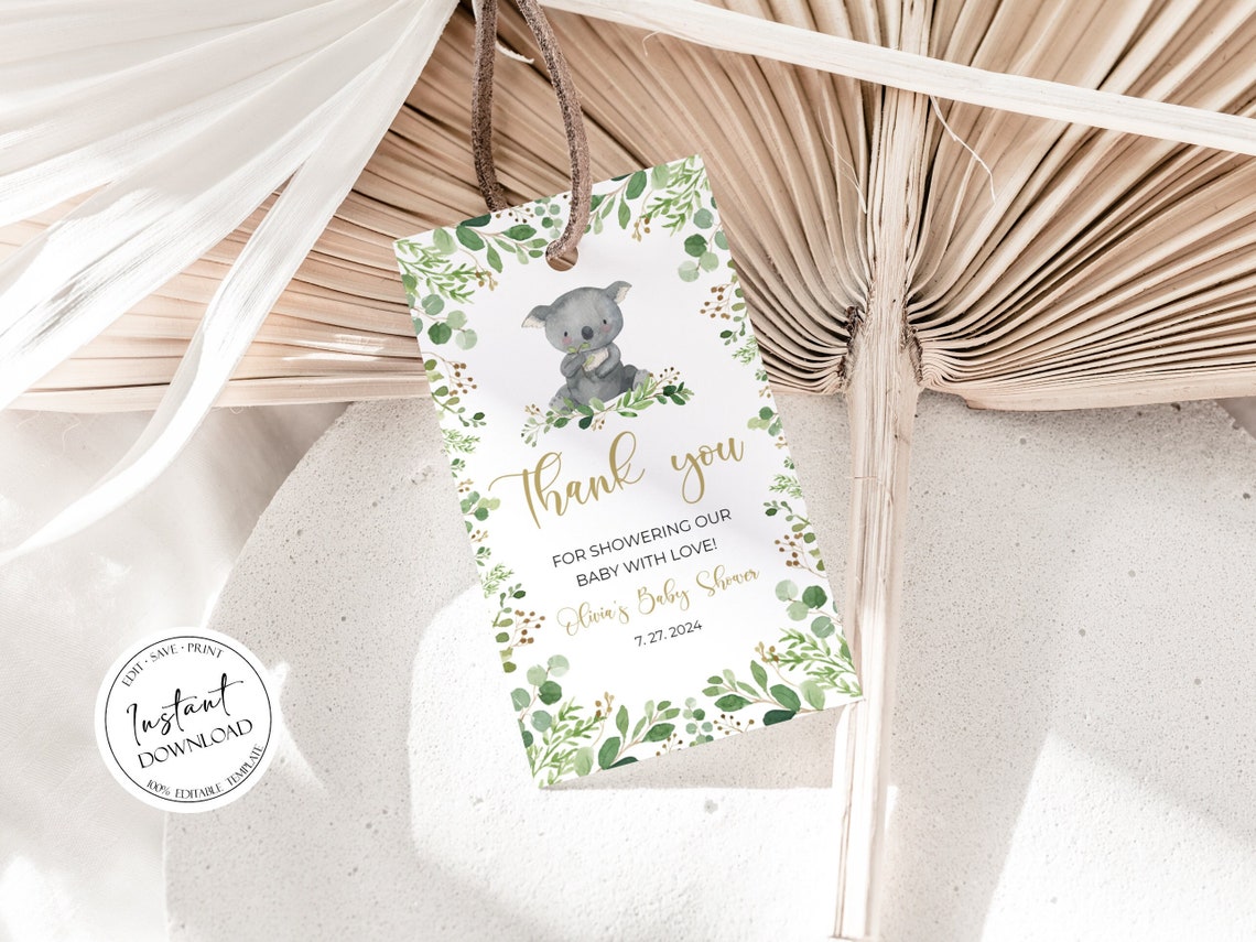 Koala Baby Shower Favor Tag Template, Greenery Gender Neutral Baby ...