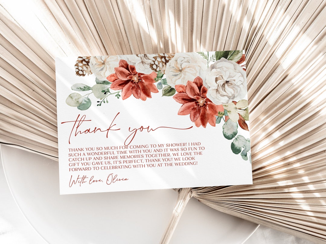 Winter Thank You Card Template, Editable Red Floral Greenery Christmas ...