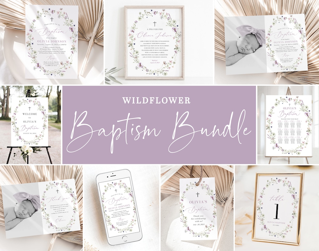 Wildflower Baptism Invitation Bundle, Editable Wildflower Christening Invitation Bundle, Purple ...